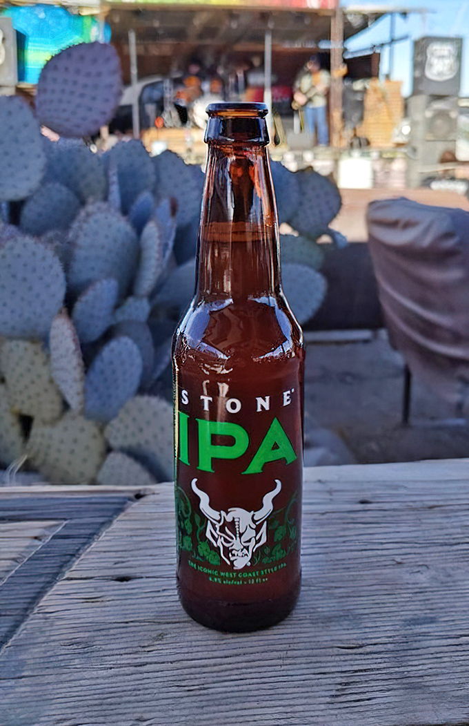 Desert beer philosophy: the hotter the day, the colder the brew. This Stone IPA against a backdrop of cacti is poetry in a bottle.