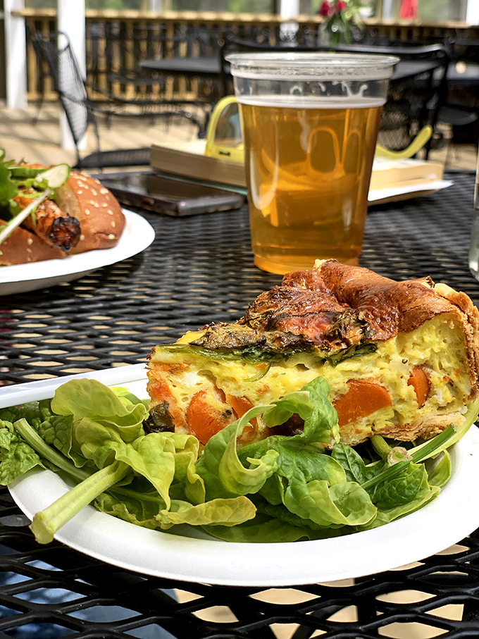 Nothing complements a slice of quiche and fresh greens like a cold beer on the patio. The universal language of "ahhhh" translated to lunch.