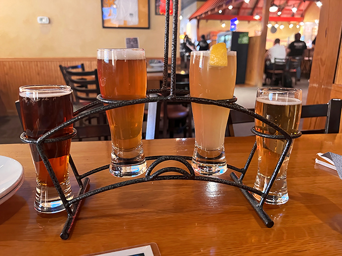 A flight of house-brewed beers that takes your taste buds on a journey from light and crisp to "wow, that's got character" &ndash; no passport required.