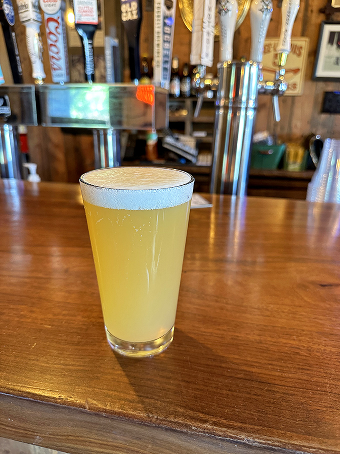 A golden pint catches the light at the bar. After a day of wine tasting, sometimes beer is the palate cleanser you didn't know you needed.