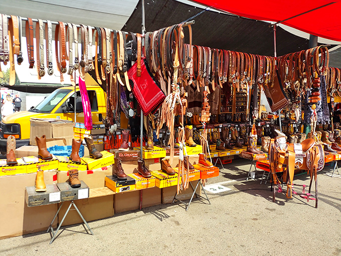 Leather goods galore, where cowboys and fashionistas unite in their quest for the perfect weathered patina.