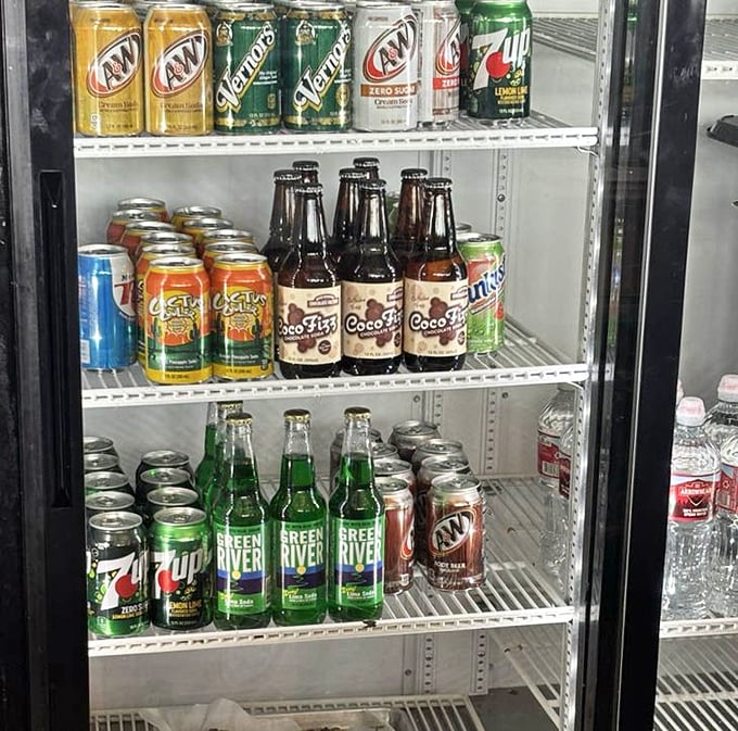 The drink cooler offers liquid companions for your sandwich journey, including that Midwestern favorite &ndash; Green River soda in its emerald glory.