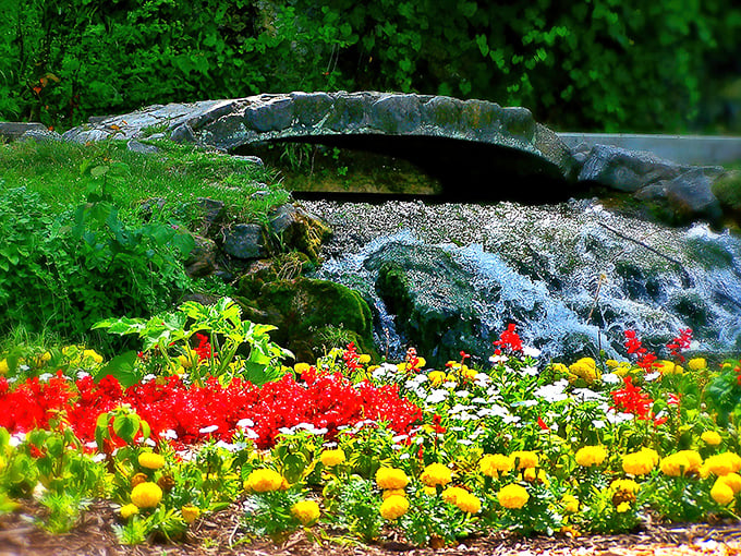 Big Spring Park's stone bridge and vibrant flowers create a peaceful retreat where retirees can enjoy nature's beauty without an admission fee.