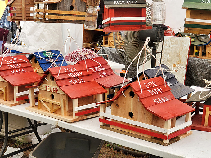 Political statements meet backyard decor in these handcrafted birdhouses. Even the birds in Ardmore have strong opinions about where they'll build their nests!
