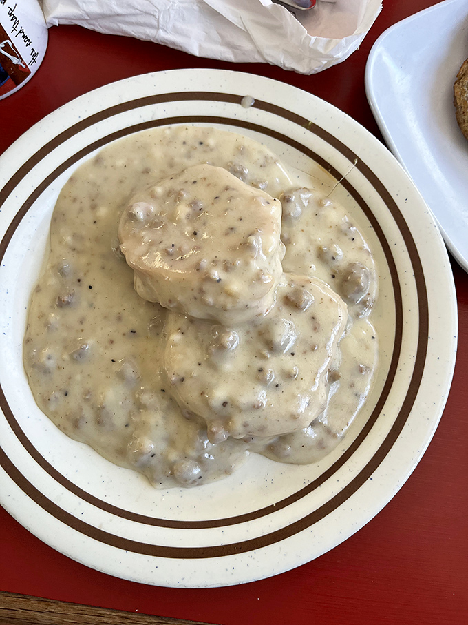 Biscuits drowning in creamy sausage gravy &ndash; comfort food that hugs your soul from the inside out.