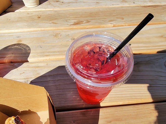 Even the beverages get the berry treatment here &ndash; this refreshing red drink is summer in a cup, perfect for washing down all that pie.