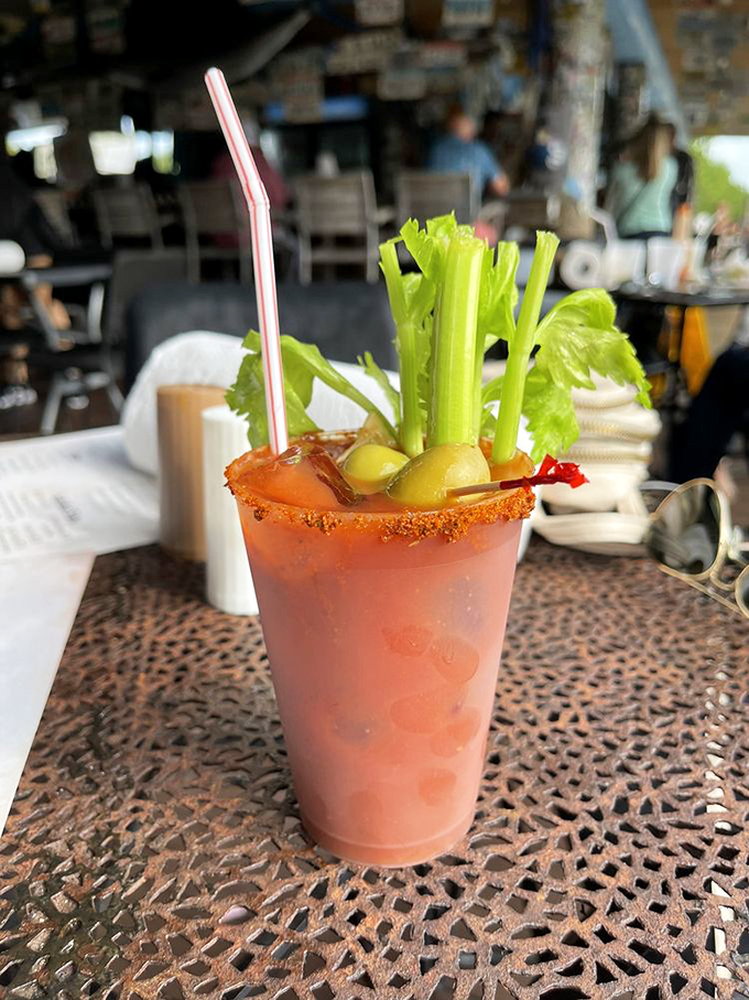 A Bloody Mary that doubles as both beverage and appetizer, crowned with celery that's actually meant to be eaten.