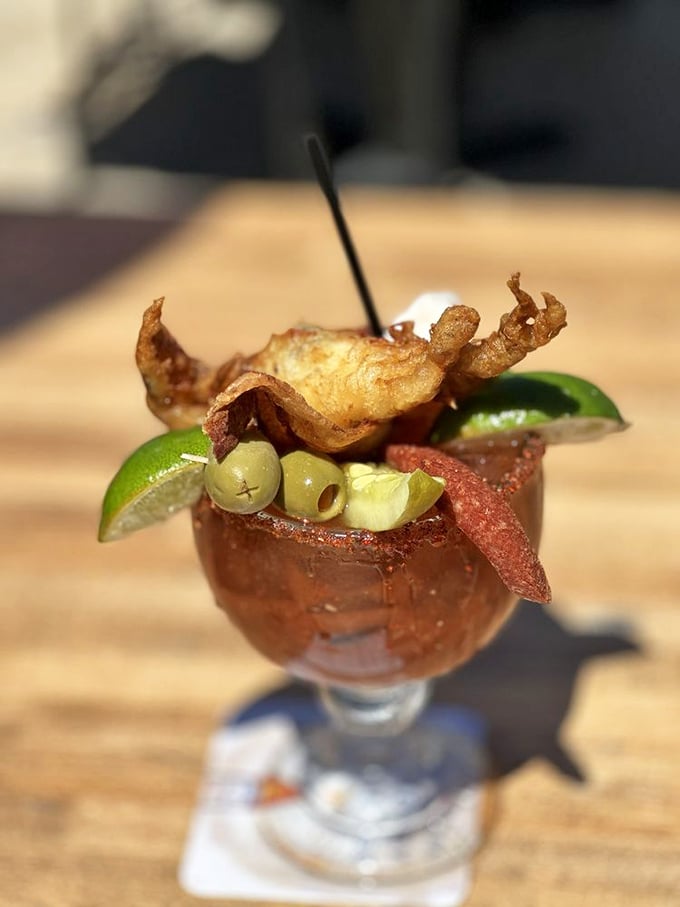 This isn't just a Bloody Mary&mdash;it's breakfast, appetizer, and cocktail in one glass. The seafood garnish is basically a bonus meal.