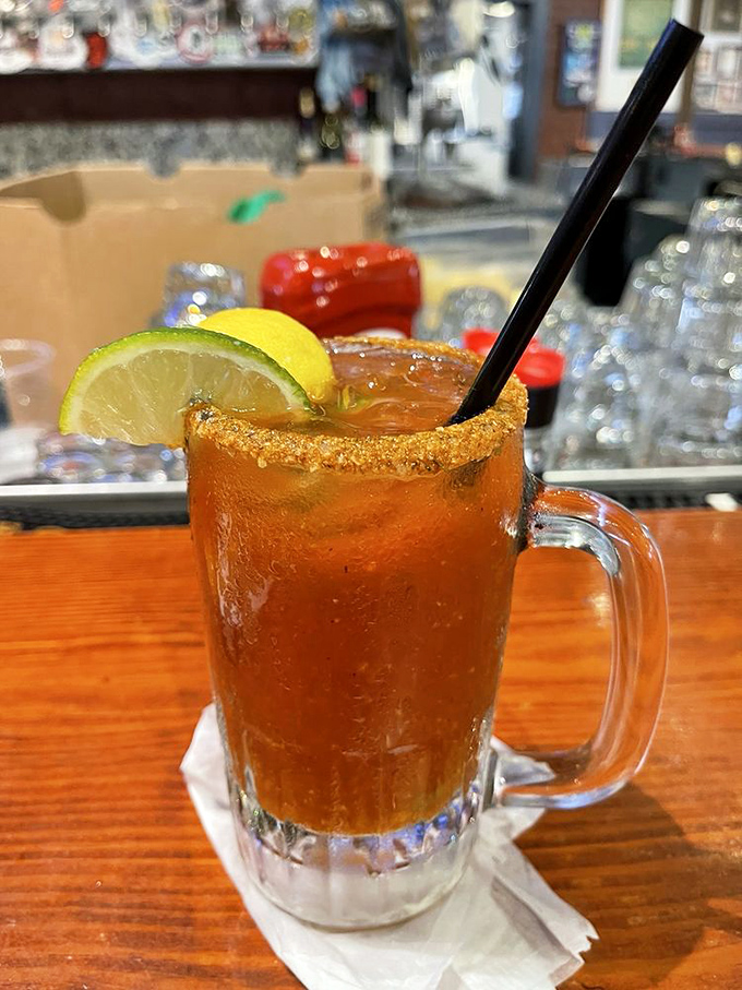 This isn't just a Bloody Mary&mdash;it's a spicy, tangy work of art with a salted rim that's practically begging for oyster accompaniment.