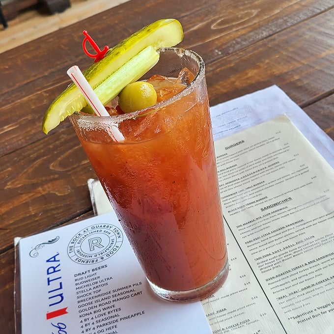 A Bloody Mary that's practically a meal, complete with pickle spear. The perfect brunch companion or midday reward.