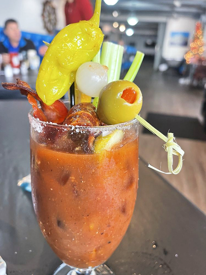 A Bloody Mary that's practically a meal, garnished with enough accessories to make it the Carmen Miranda of cocktails.
