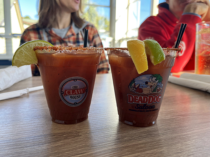 Bloody Marys with a salt rim and citrus garnish&mdash;the perfect coastal cocktail that says "vacation" even if you're just playing hooky on a Tuesday.