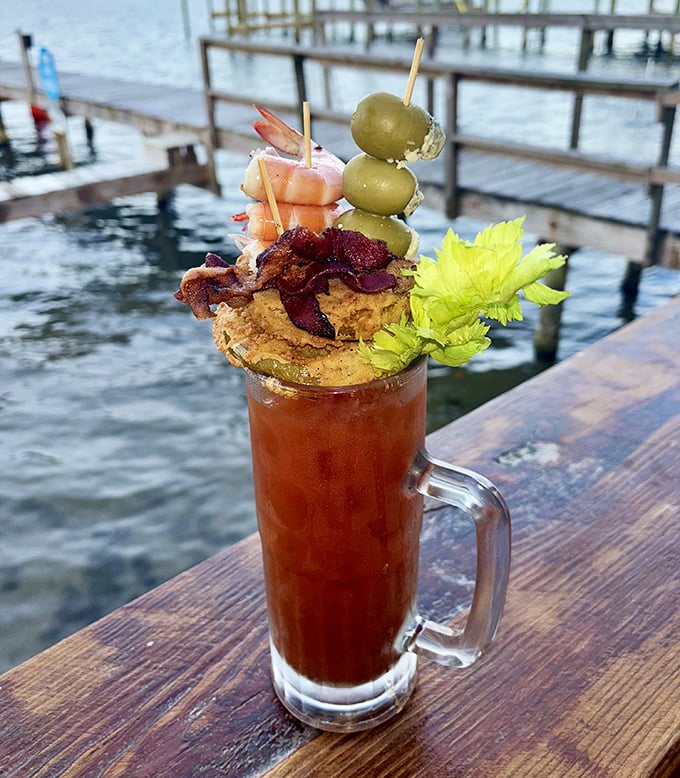 A Bloody Mary with enough garnishes to count as a small meal&mdash;the kind of drink that makes you wonder why anyone bothers with plain tomato juice.