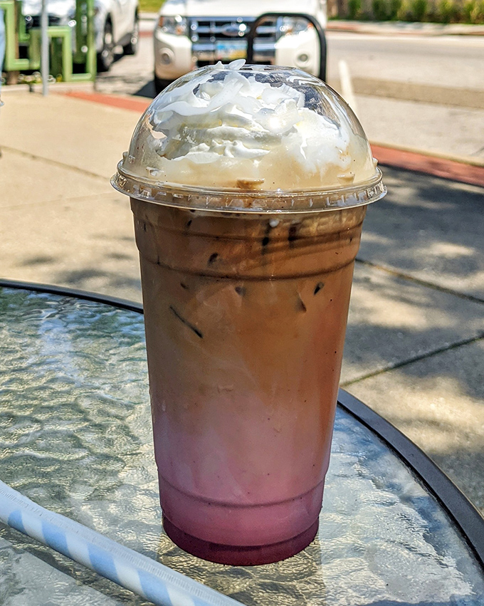 Summer in a cup: this layered iced creation transitions from berry-purple to coffee-brown like a delicious sunset you can drink.