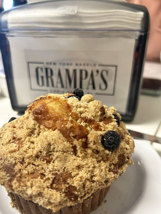Not all heroes wear capes&mdash;some wear crumb toppings and hide blueberries inside. This muffin deserves its own spotlight at Grampa's bakery counter.