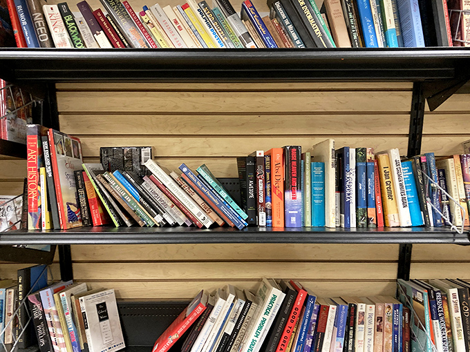 Literary treasures stacked spine-out, waiting for discovery. Someone's discarded beach read might become your new favorite novel for less than a latte.