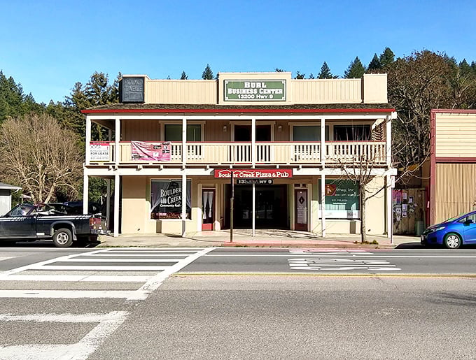 Two-story charm houses Boulder Creek Pizza & Pub, where the frontier-style porch practically begs you to sit a spell after devouring a pie.