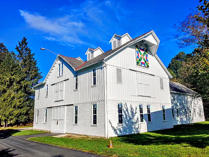 This classic white barn with its colorful quilt square represents Ohio's agricultural heritage with more style than your average farmstead.