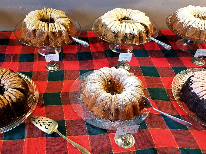 Bundt cakes lined up like contestants in a very delicious beauty pageant. The powdered sugar dusting is their evening wear portion.
