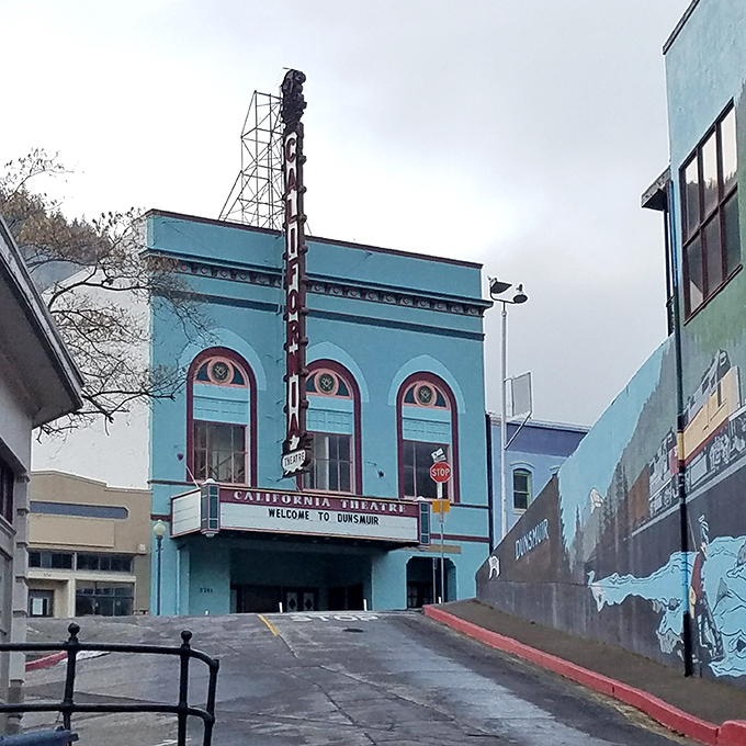 The blue California Theatre stands as Dunsmuir's cultural centerpiece. Where else can you catch a movie surrounded by so much architectural character?