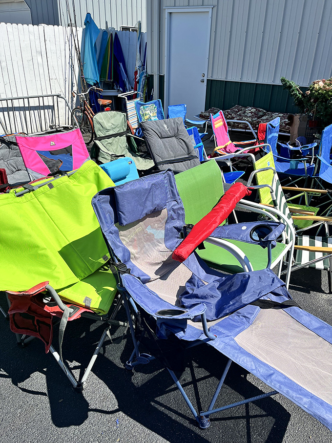 Beach chairs and camping gear stand ready to make your outdoor adventures comfortable and budget-friendly.