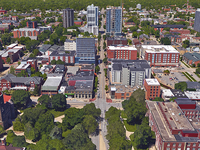 Champaign from above reveals its secret: a perfect grid of possibility, where every intersection promises a new discovery.