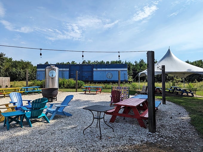 Colorful picnic tables and Adirondack chairs create the perfect outdoor hangout spot&mdash;just add friends, cold beverages, and zero agenda.