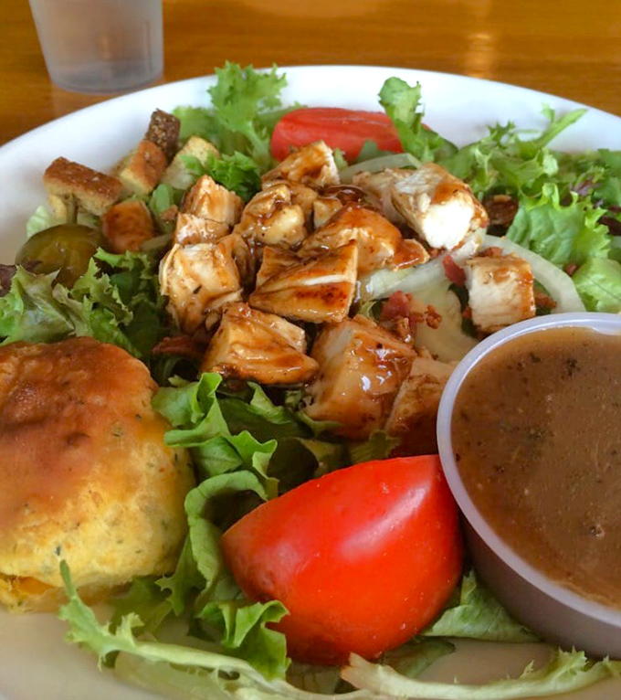 The Caribbean Chicken Salad proves Southern food isn't all about frying. Though let's be honest, those homemade croutons probably aren't diet food.