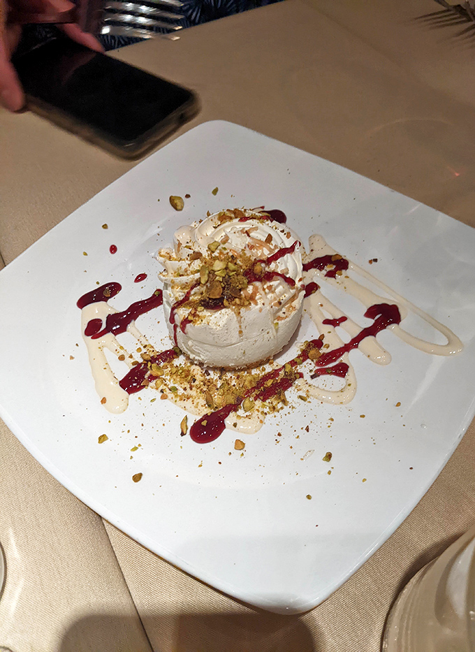 This isn't just dessert&mdash;it's edible abstract art. The raspberry sauce creates Jackson Pollock-worthy splashes across a canvas of creamy sweetness.