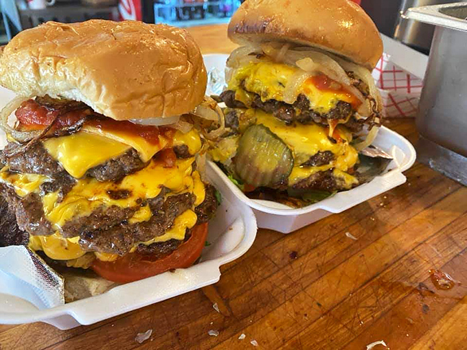 Behold the tower of power &ndash; where multiple patties and cheese layers create a skyscraper of flavor that would make any architect proud.