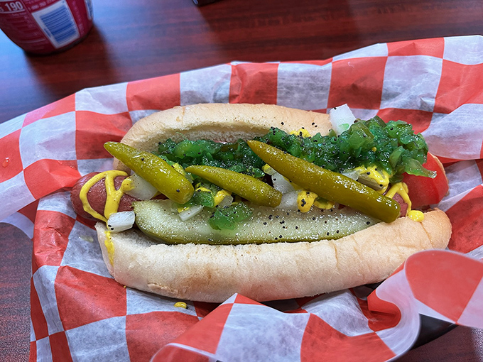 The Chicago Dog in all its glory &ndash; a garden of toppings that somehow creates perfect harmony rather than chaos.