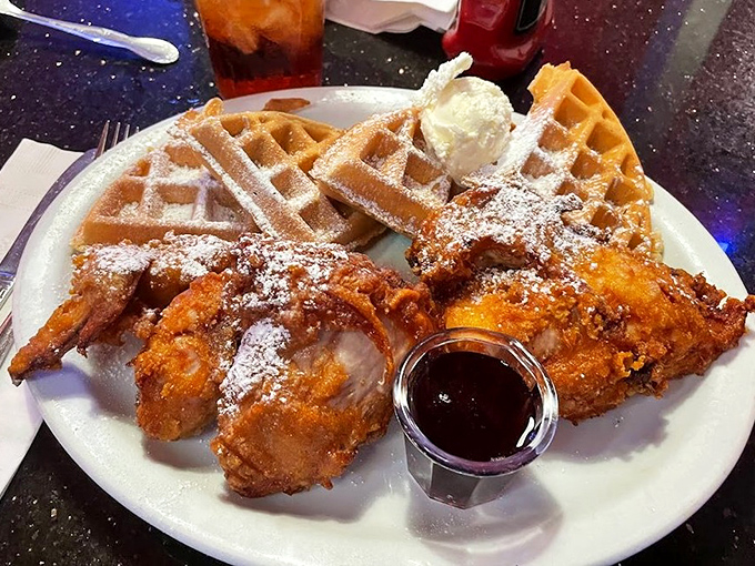 Chicken and waffles: where breakfast and dinner collide in a sweet-savory romance that makes you wonder why we ever separated them in the first place.