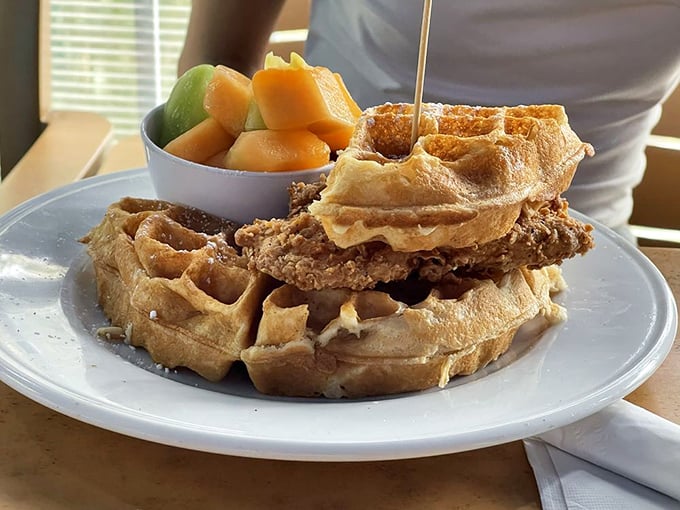 The chicken and waffles here deserve their own star on the Walk of Fame&mdash;crispy golden chicken nestled between Belgian waffle layers with fresh fruit co-starring.