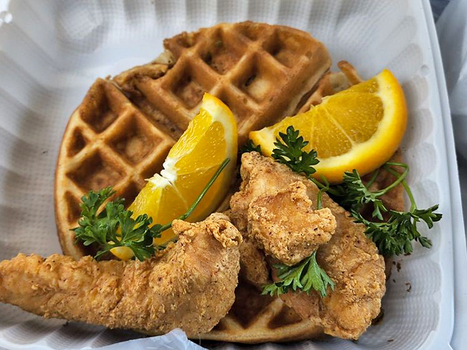 Chicken and waffles&mdash;the ultimate sweet-savory combo that somehow tastes even better when you're taking a break from Interstate 5.
