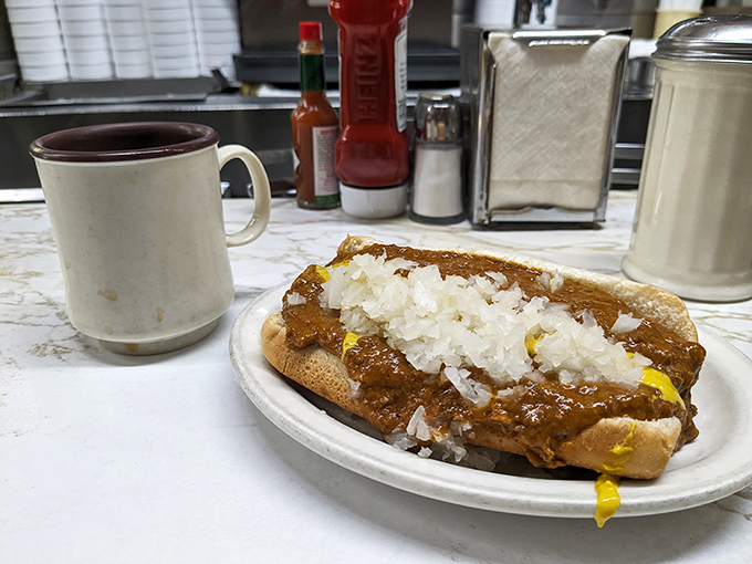 Chili dog nirvana! The perfect ratio of meat sauce to bun, with that signature yellow mustard streak cutting through like sunshine.