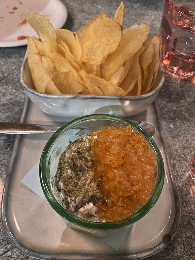 Housemade chips with what appears to be fish roe dip&mdash;a sophisticated upgrade from your college party days. Salty, crunchy, briny perfection that disappears too quickly.