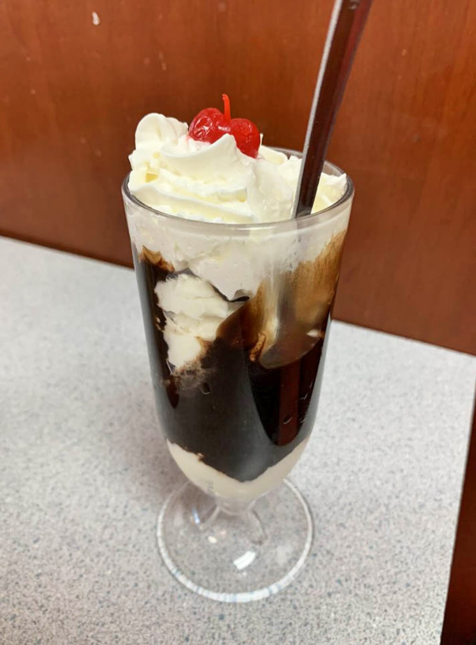 Chocolate and vanilla locked in their eternal dance, topped with whipped cream and a cherry sentinel. This sundae doesn't need Instagram filters to look magnificent.