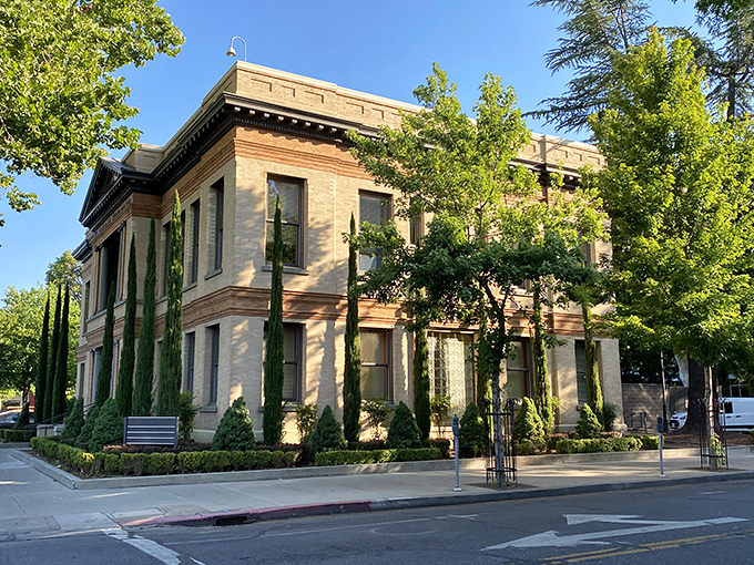 Chico's historic City Hall exudes dignified permanence with its classical lines and cypress sentinels&mdash;civic architecture that reminds us some institutions actually improve with age.
