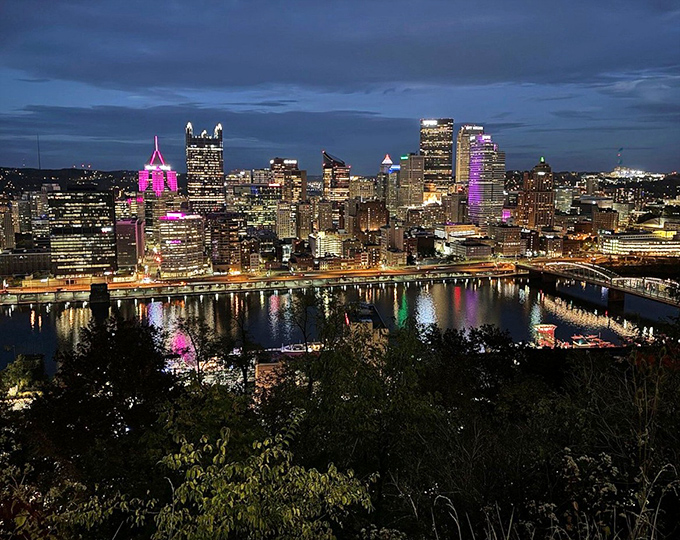 When the sun goes down, Pittsburgh transforms into a glittering jewel box reflected in three rivers.