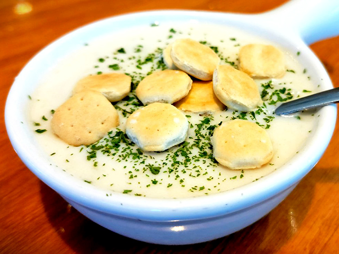 This clam chowder looks thick enough to float a spoon – just how New England intended.