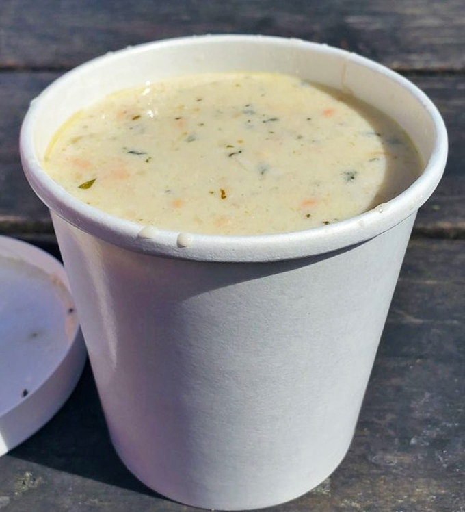The legendary chowder in its unassuming paper cup&mdash;like finding Shakespeare's sonnets written on a napkin. Creamy, complex, and worth every mile of the drive.