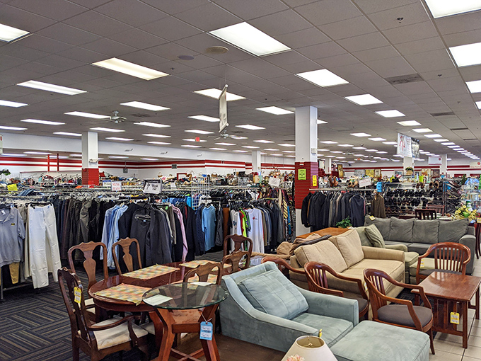 The clothing department stretches to the horizon, where yesterday's fashion trends patiently wait for their inevitable comeback. Circle of retail life!