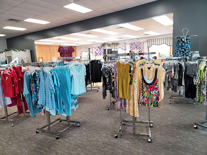 The clothing section: color-coded for your bargain-hunting pleasure. That mustard dress is just waiting for its second chance at a wedding reception.