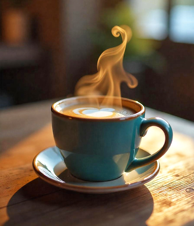 Steam rising like morning fog over a cup that could wake Rip Van Winkle himself.