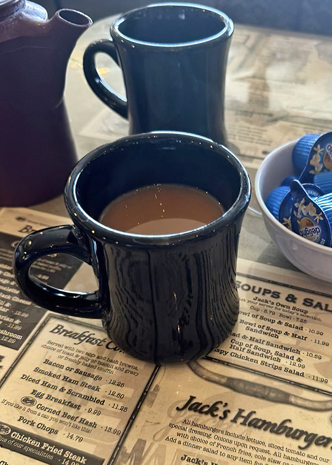 Rich, dark coffee steams invitingly in classic diner mugs, promising the perfect fuel for your Eastern Sierra adventures.