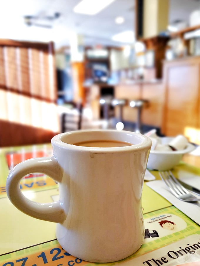 Simple diner coffee in its natural habitat: a sturdy mug that means business and endless refills.