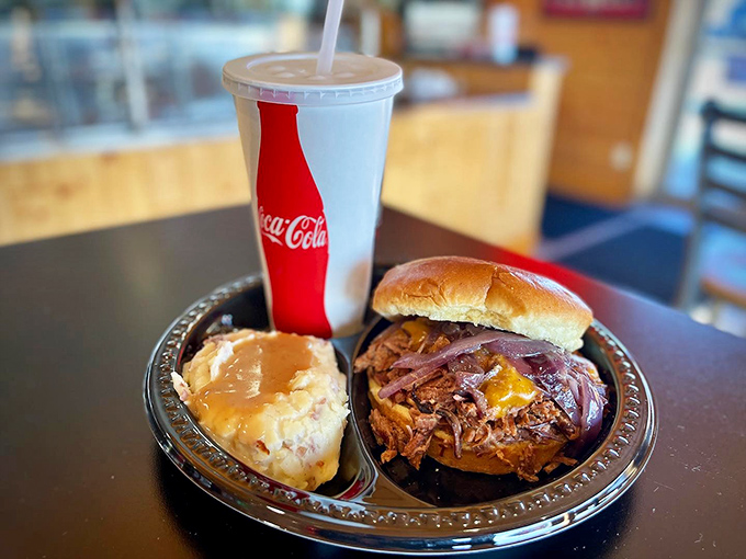 The classic combo: a pulled pork sandwich with potato salad and a Coca-Cola. Some partnerships, like barbecue and cold soda, are just meant to be.