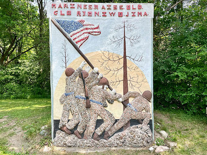 The Iwo Jima memorial, Wisconsin-style&mdash;a poignant reminder that folk art can capture profound moments with simple materials and enormous heart.