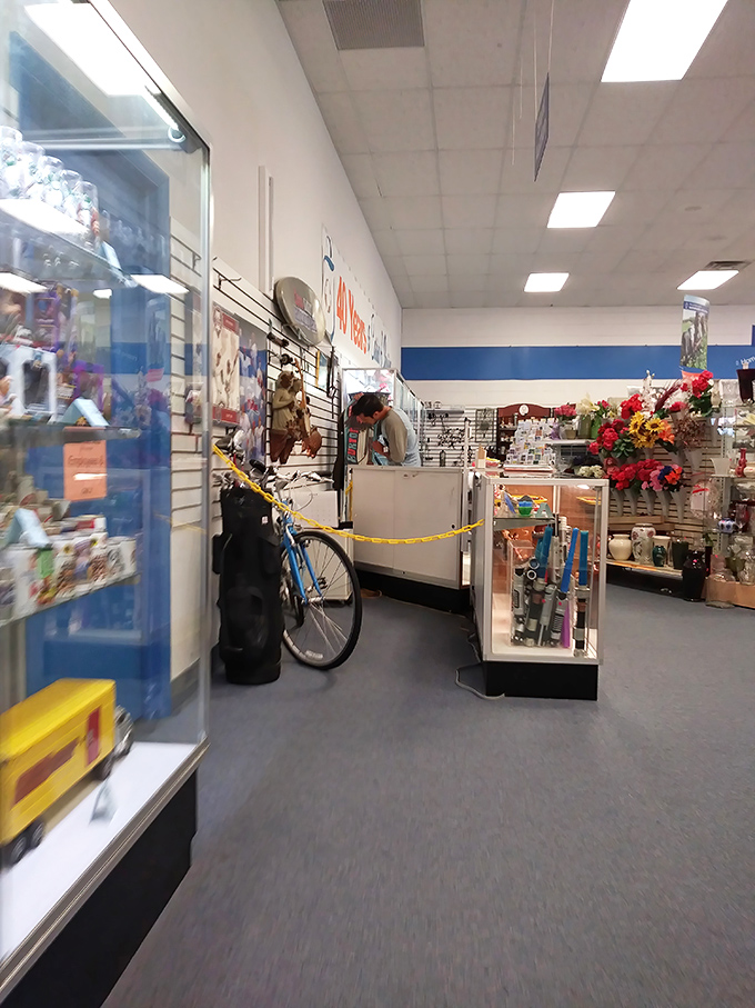 Sporting goods, electronics, and seasonal items create a retail junction where golf clubs meet bicycles. One person's abandoned hobby becomes another's new passion.