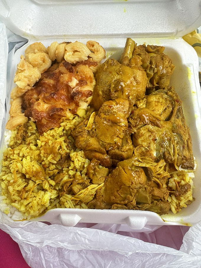 Curry chicken swimming in aromatic sauce alongside perfectly seasoned rice creates pure dining magic and bliss.